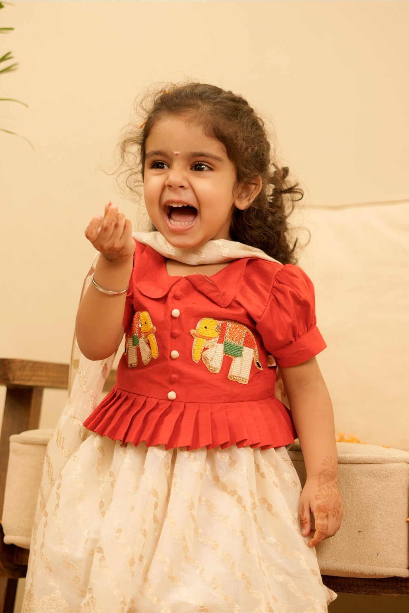 Pear Bear Multicolor Elephant Embroidered Traditional South Style Red